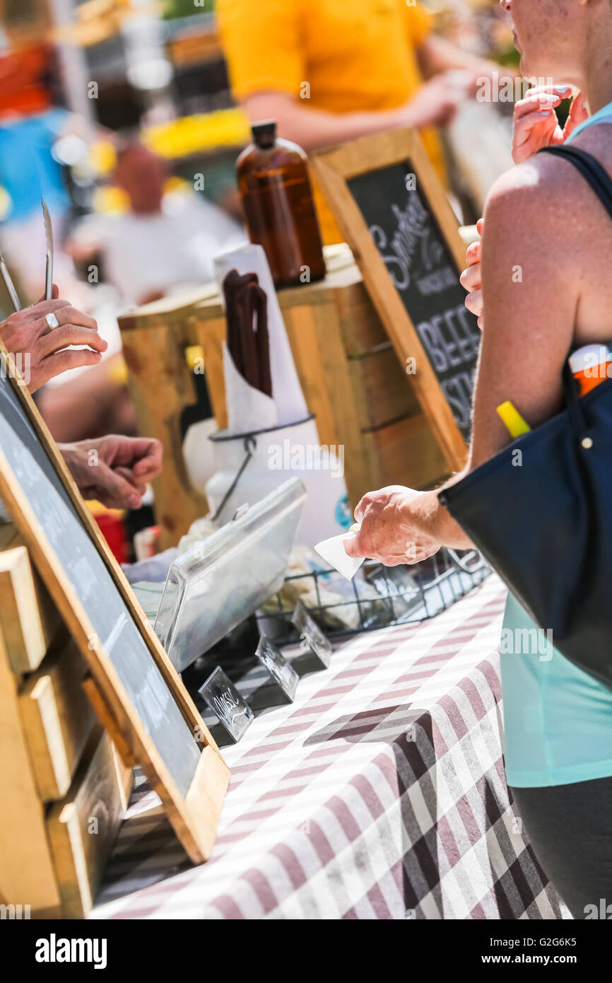 Weekend shopping on the Farmers Market in the Summer Stock Photo - Alamy