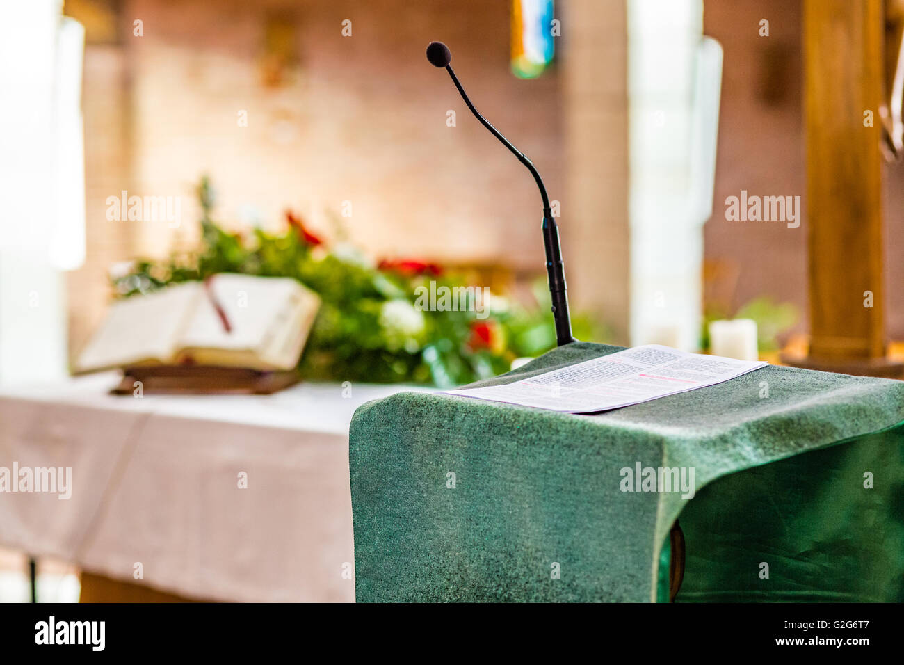 Pages of Gospel book on the concrete pulpit ready to be read Stock ...