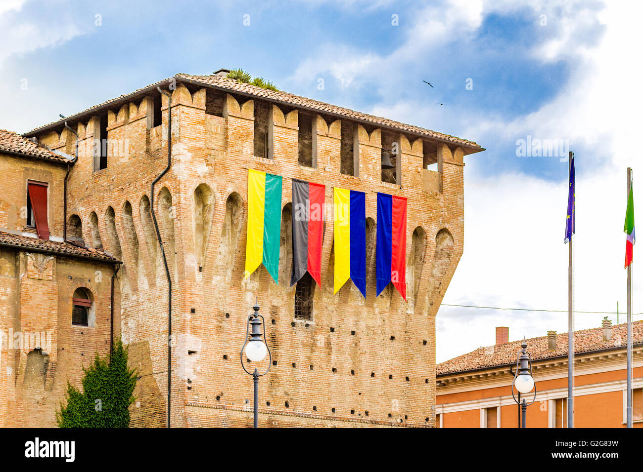 streamers of medieval castle tower Stock Photo - Alamy
