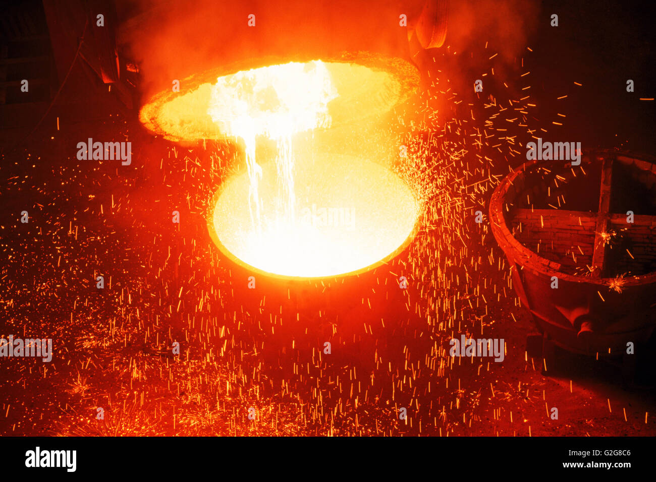 Melted steel being poured out, steel mill, Poldi Kladno, Czech Republic ...