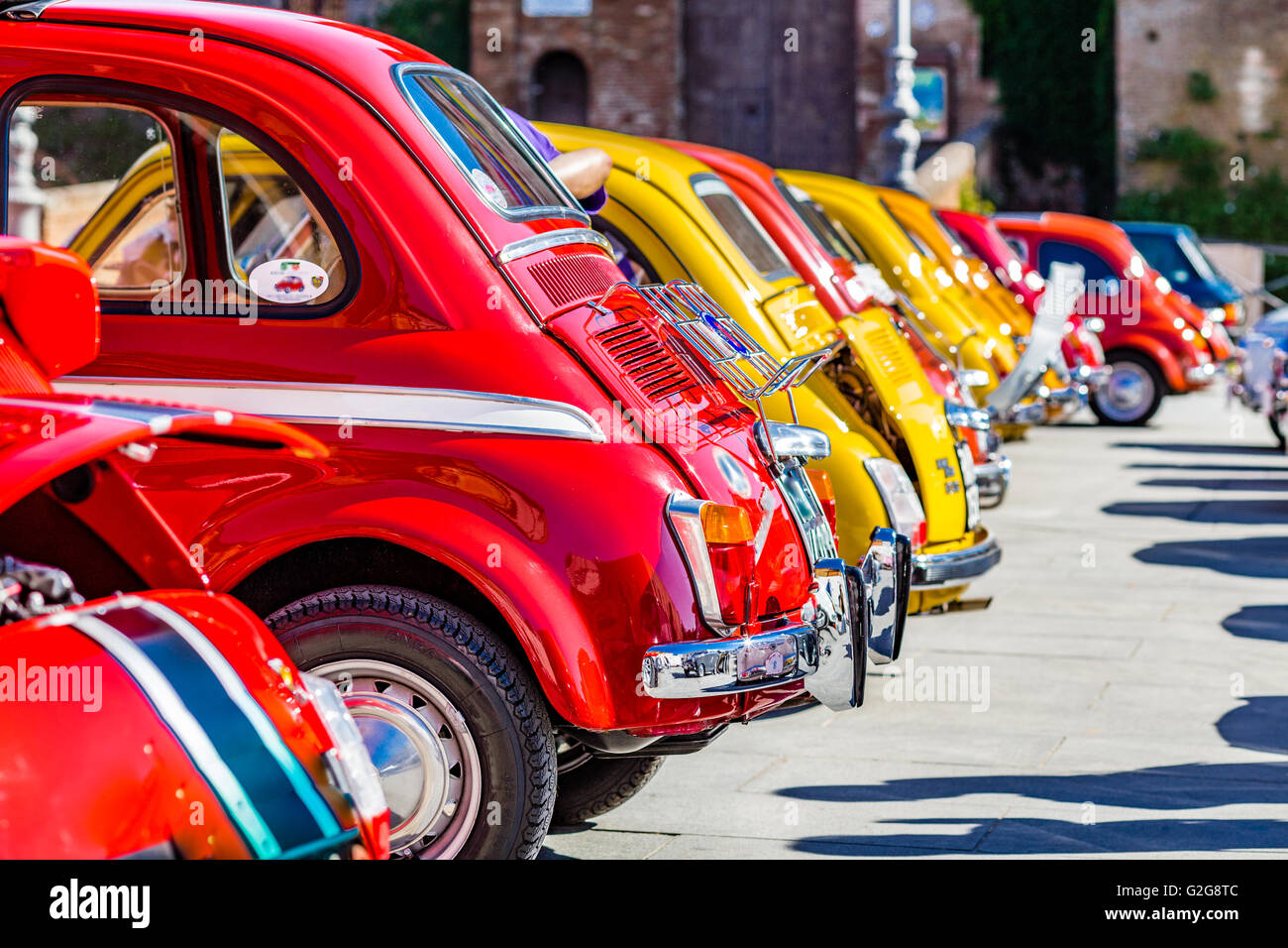 Vintage Car with bright colors, Italian cars parked in rows Stock Photo ...