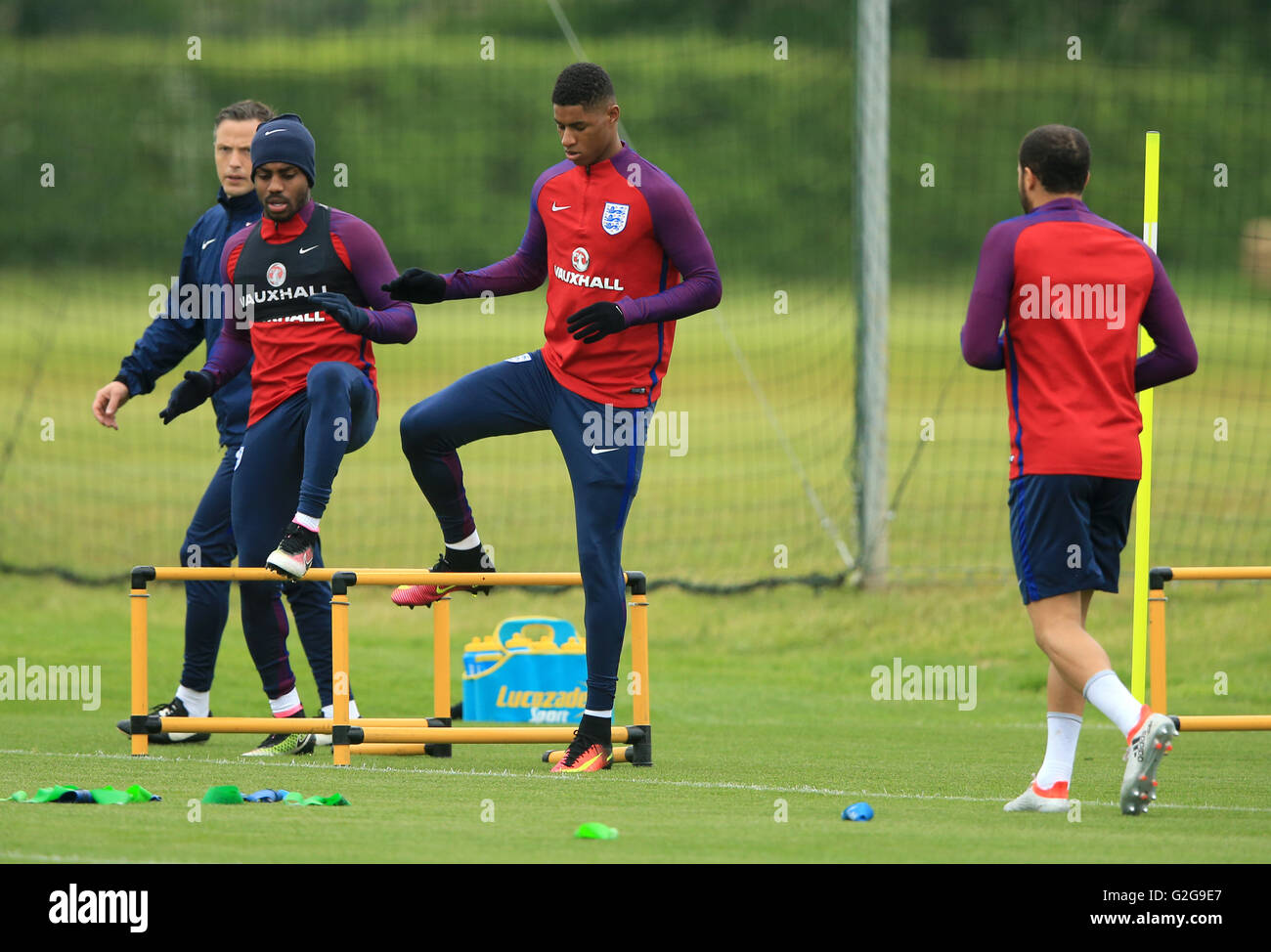 England's Marcus Rashford (centre) during a training session at Watford ...