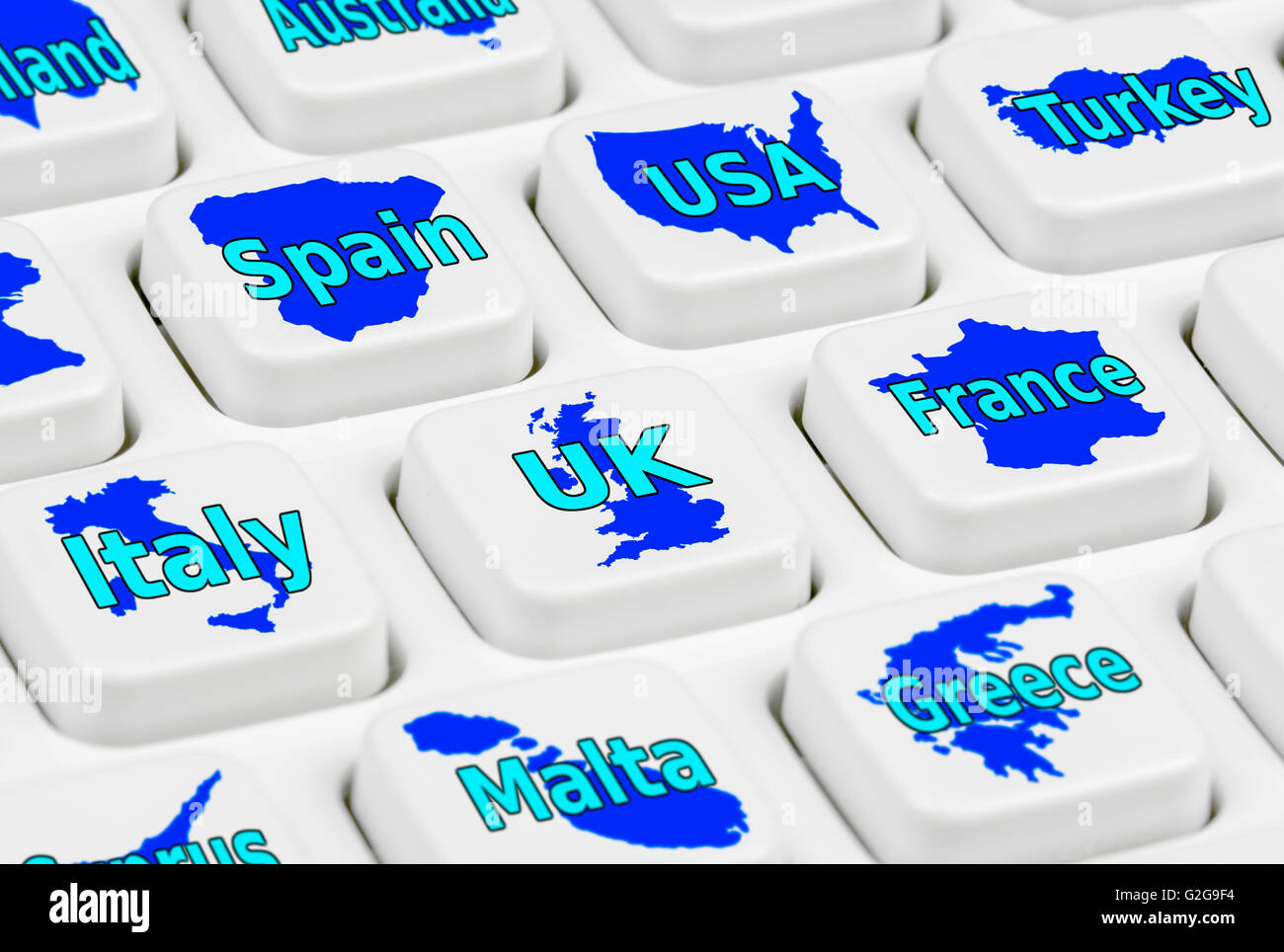 Travel. Various destination countries on a computer keyboard Stock ...