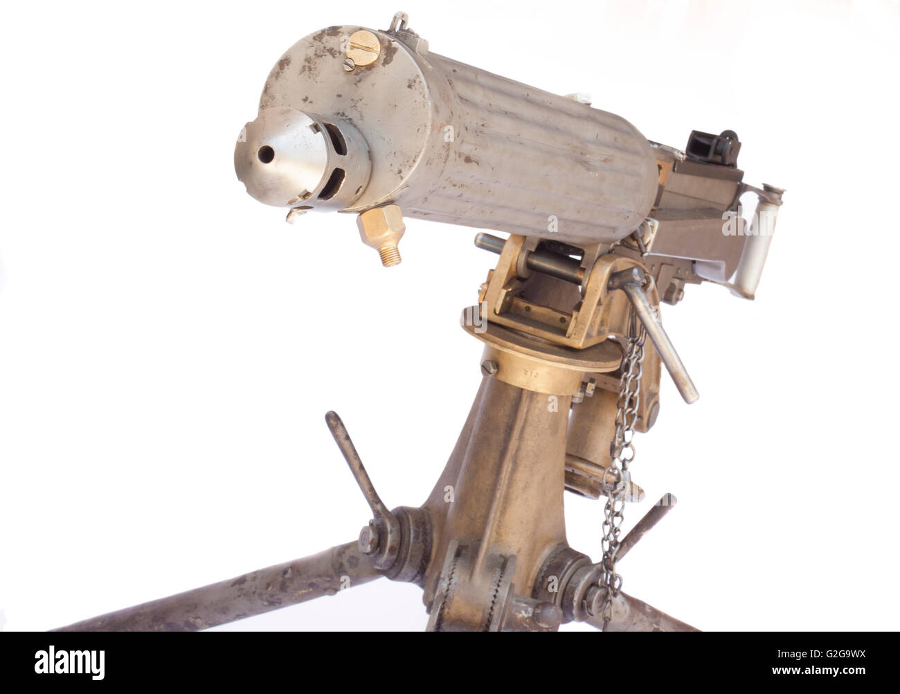 old Silver and gold color machine gun closeup isolated on white ...