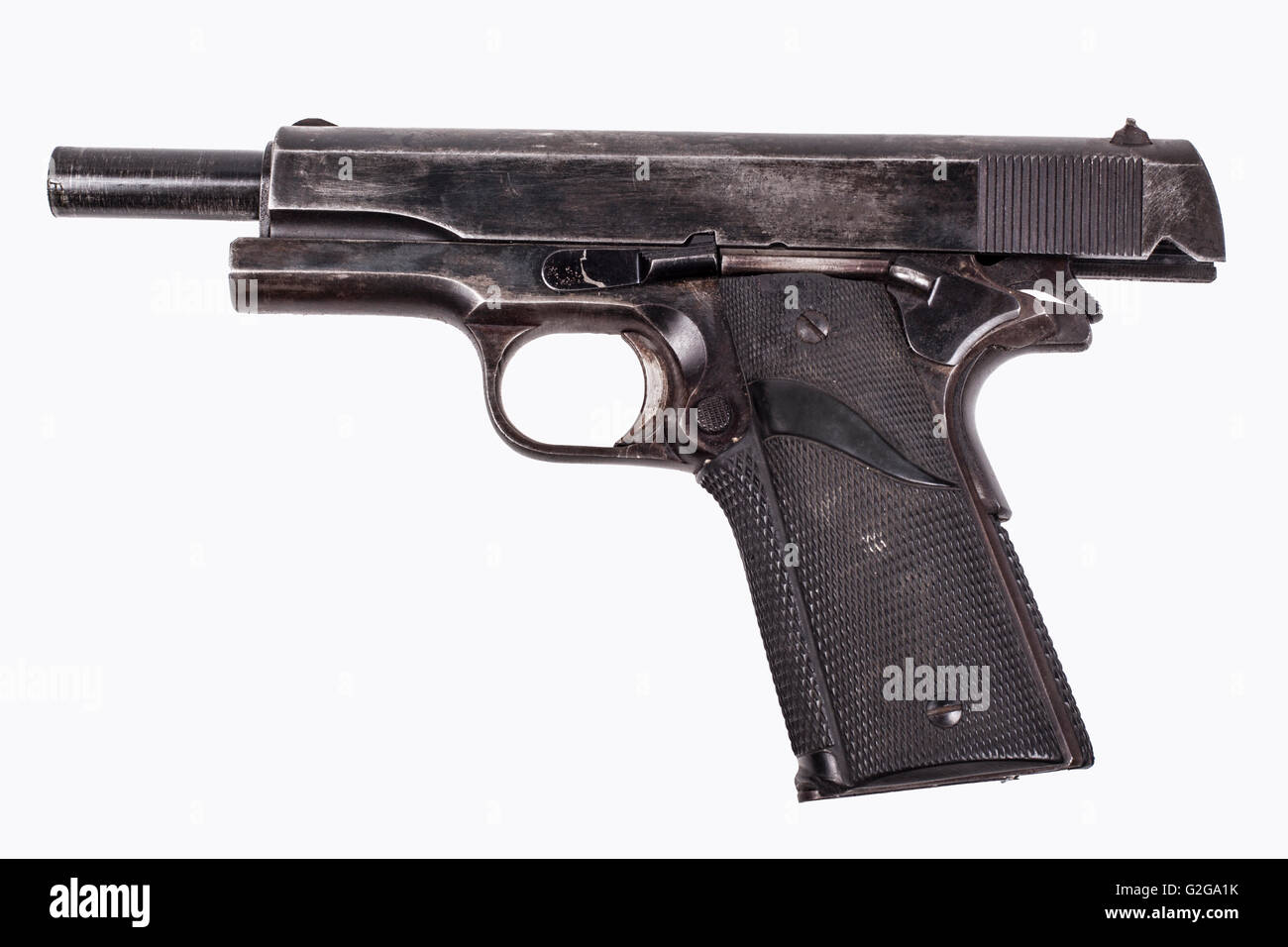 Black old pistol with scratches isolated on white background Stock ...