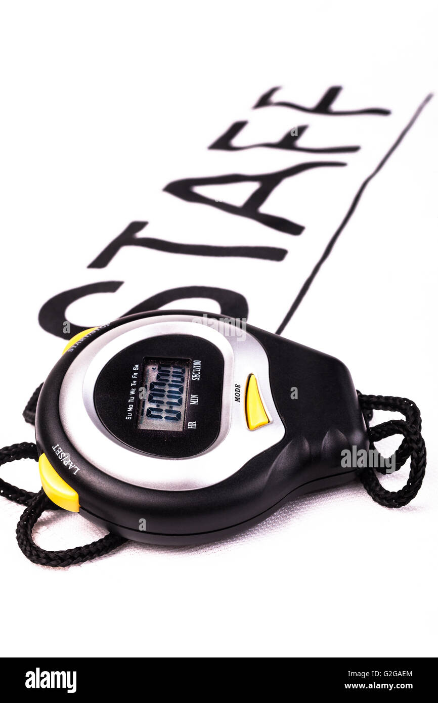 Black digital stopwatch on white background with staff writing Stock ...