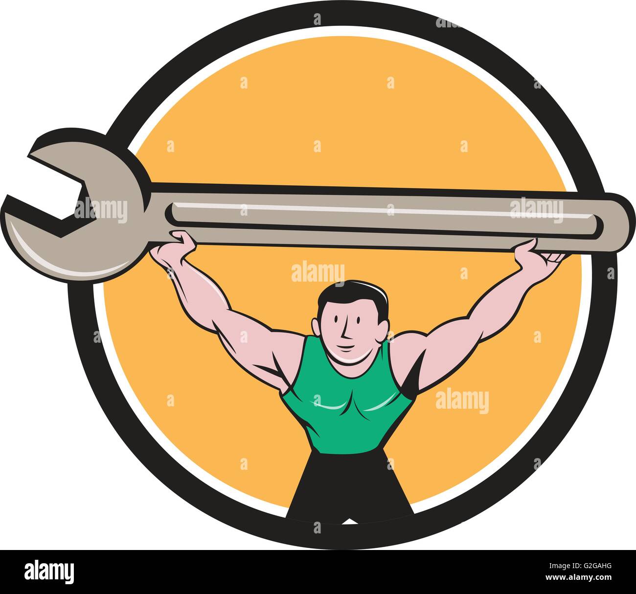 Illustration of a mechanic lifting giant spanner wrench over head ...