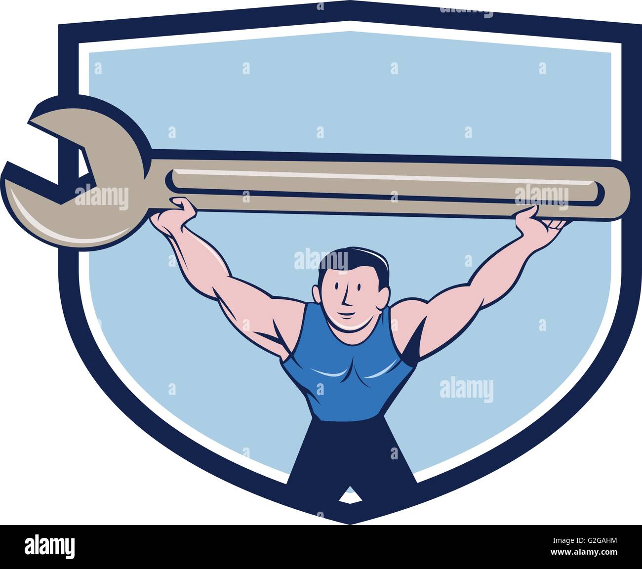 Illustration of a mechanic lifting giant spanner wrench over head ...