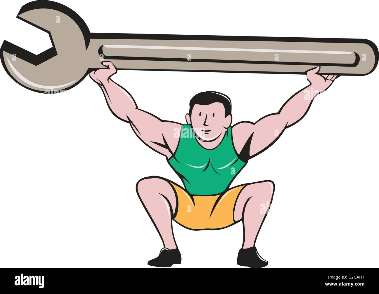 Illustration of a mechanic lifting giant spanner wrench over head and ...