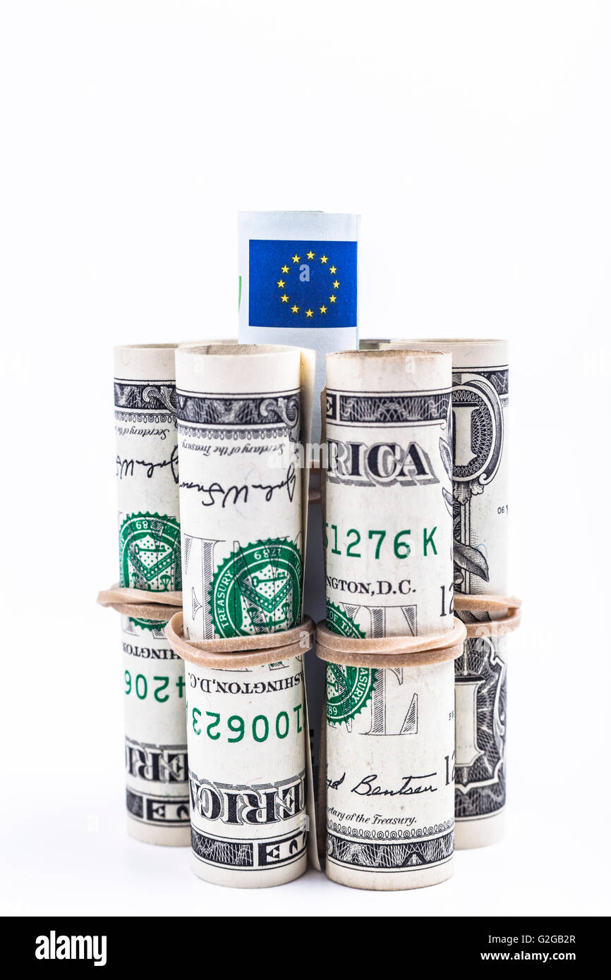 Single Euro banknote in a middle of rolled Dollars isolated on white ...