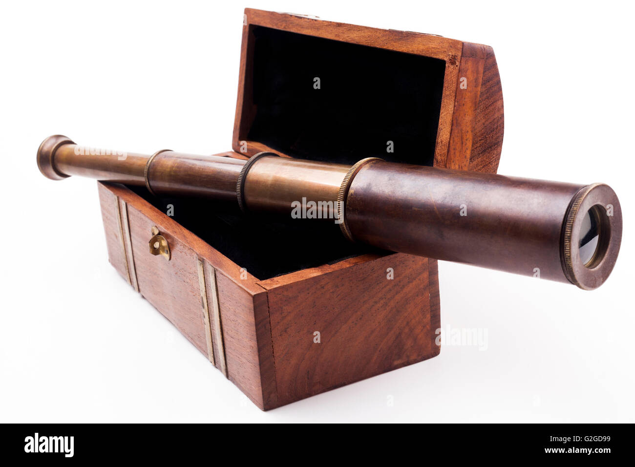 Old telescope on open wood box isolated on white background Stock Photo ...