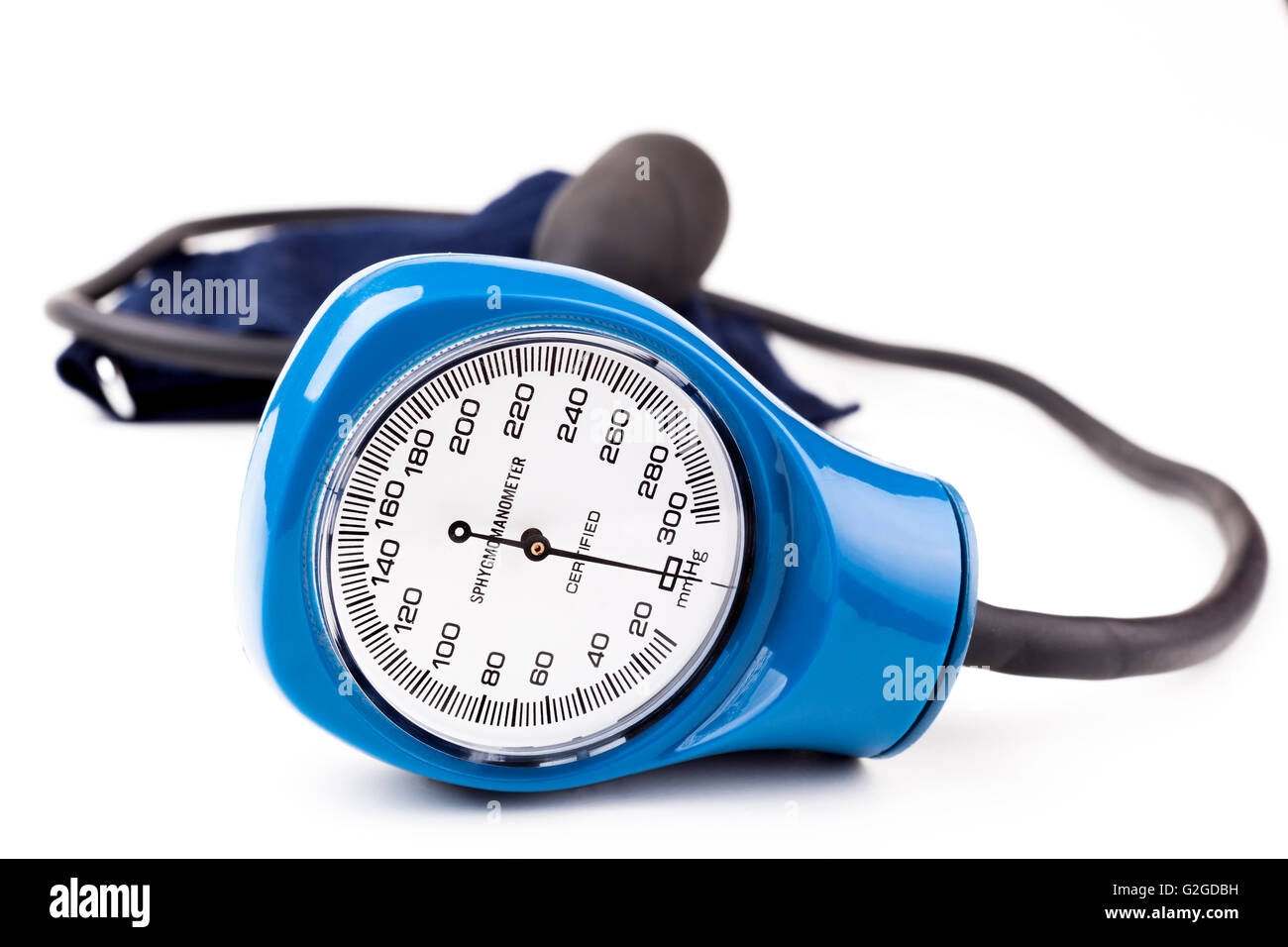 Blue Sphygmomanometer closeup isolated on white background Stock Photo ...