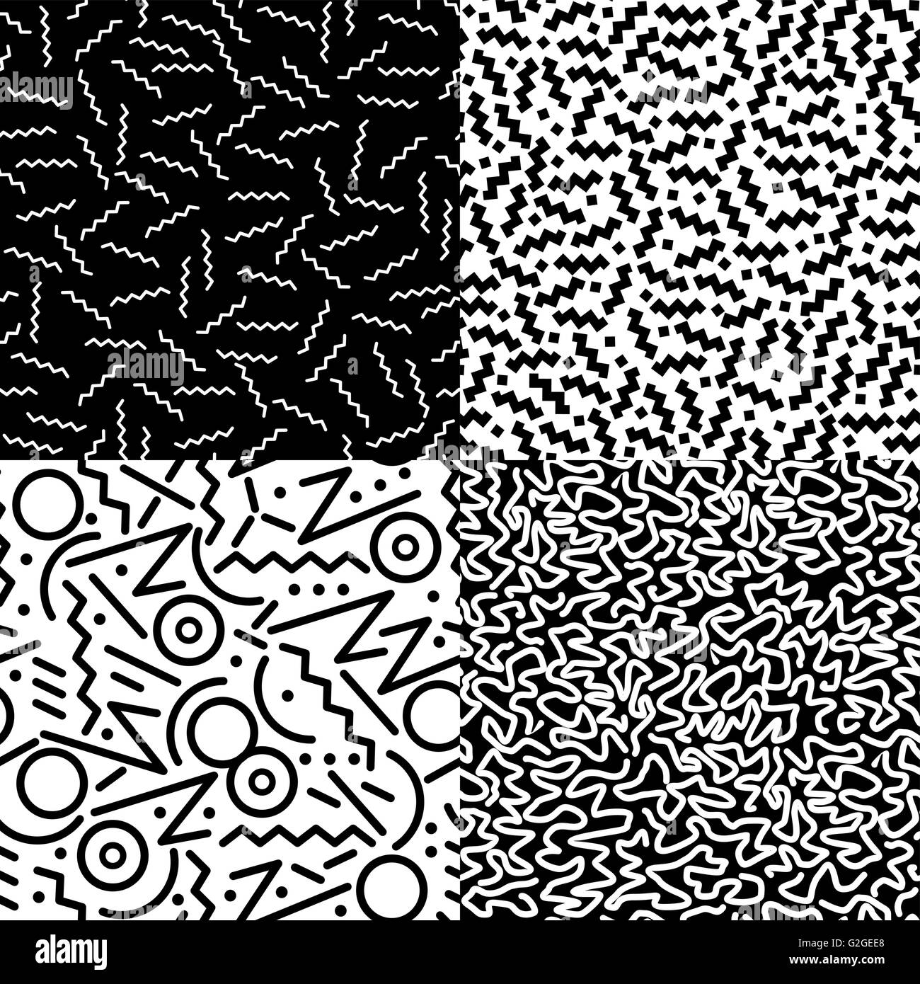 Set of retro vintage 80s seamless pattern in black and white with ...