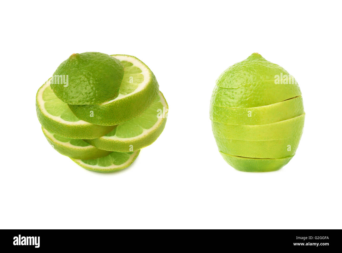 Fresh lime cut in slices isolated over the white background, set of different foreshortenings ...