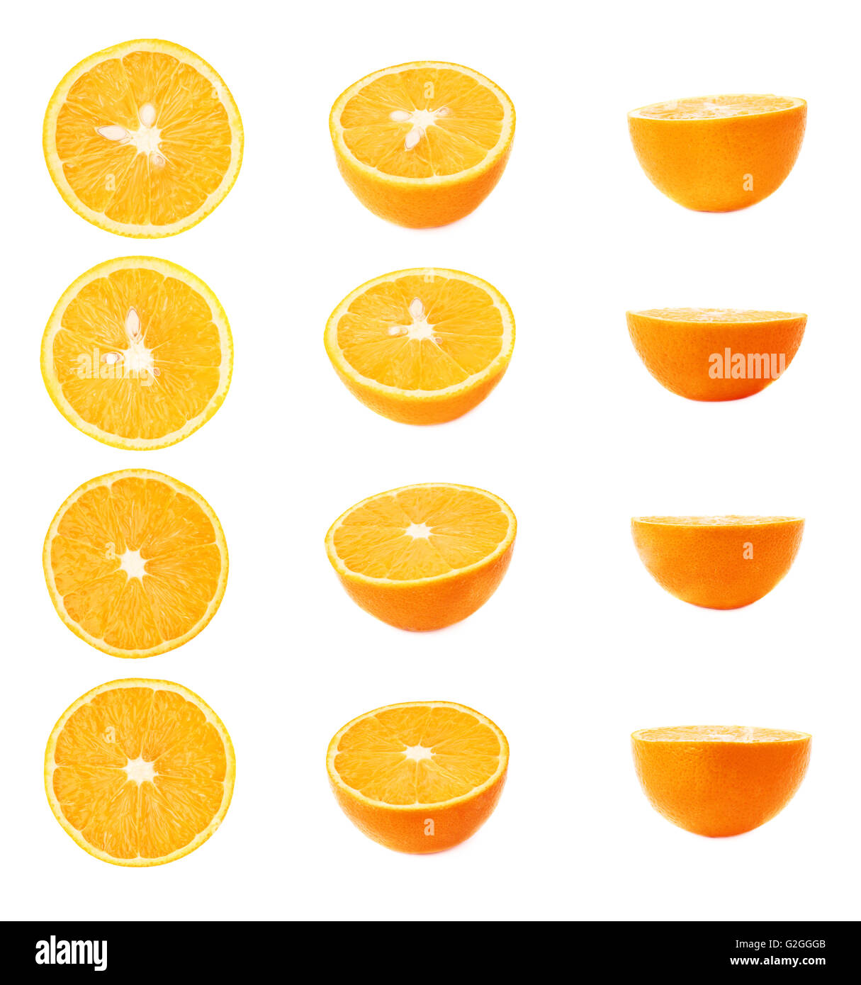 Ripe orange cut in half isolated over the white background, set of ...