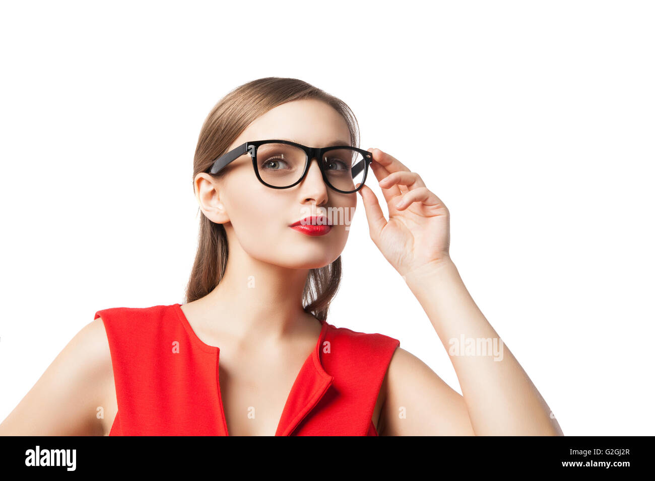 Woman thinking glasses in mouth hi-res stock photography and images - Alamy