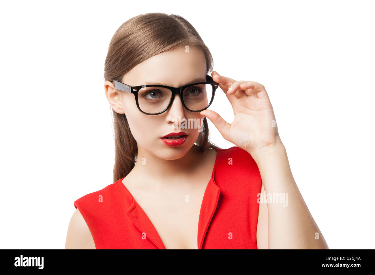Woman thinking glasses in mouth hi-res stock photography and images - Alamy