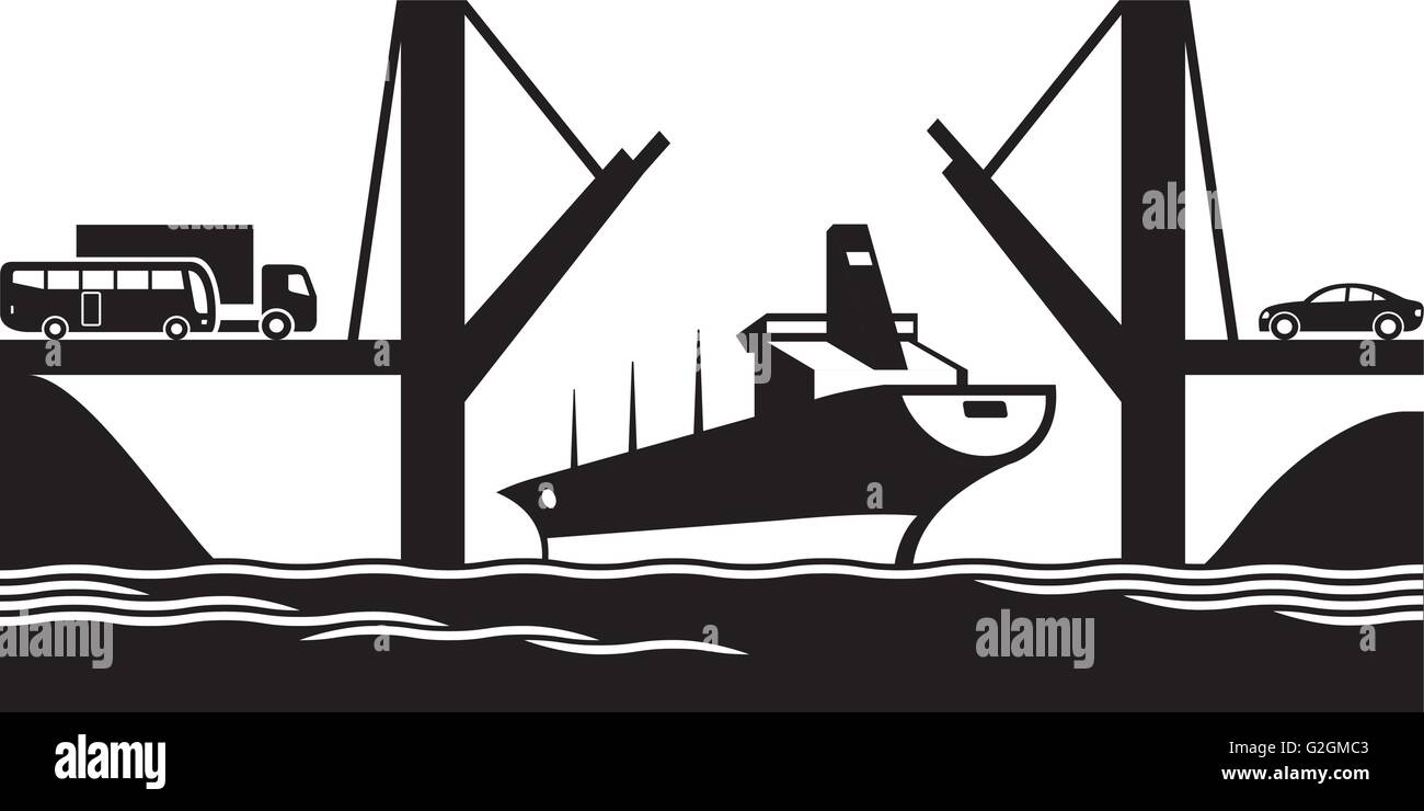 Merchant ship passes under a drawbridge - vector illustration Stock ...