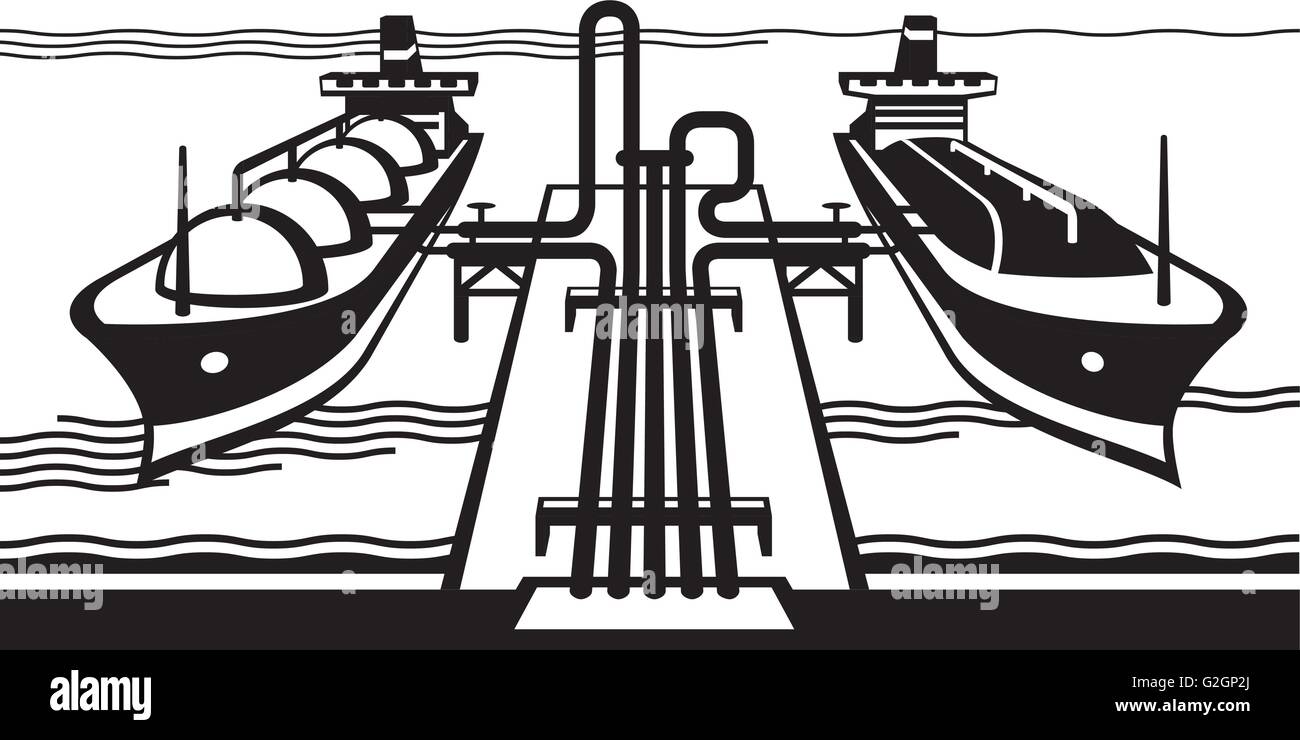 Gas tank terminal with LNG cargo ships - vector illustration Stock ...