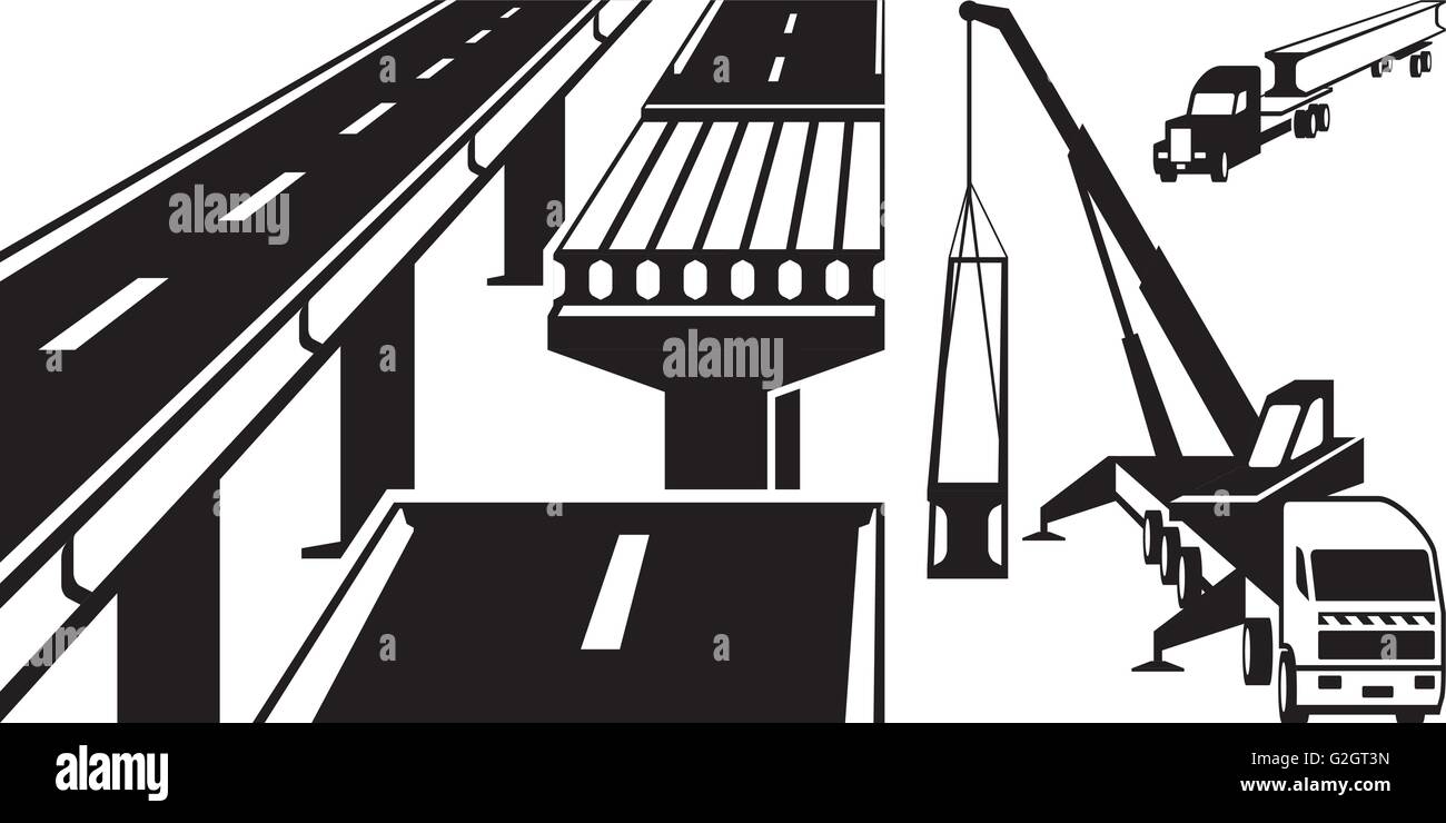 Crane mounting concrete beam bridge - vector illustration Stock Vector ...