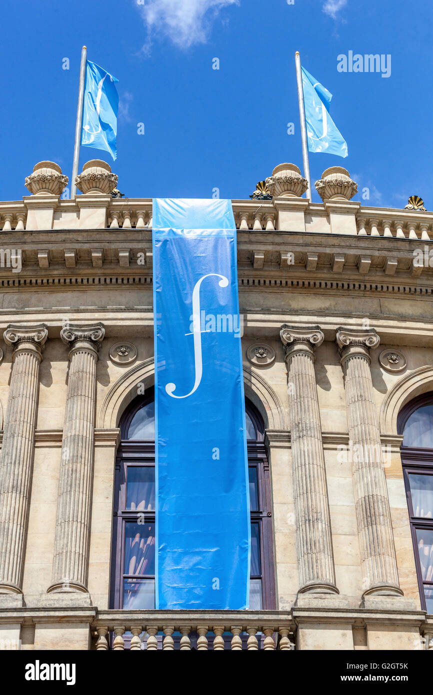 Prague spring festival, The Rudolfinum, a flag on a music auditorium ...