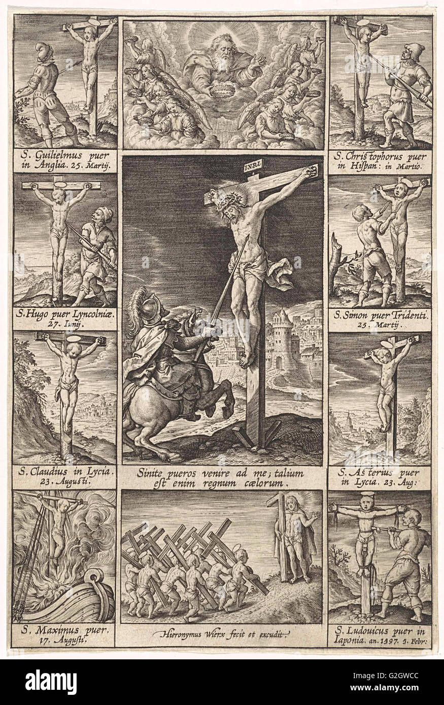Christ on the cross and the lance carrier, print maker: Hieronymus ...