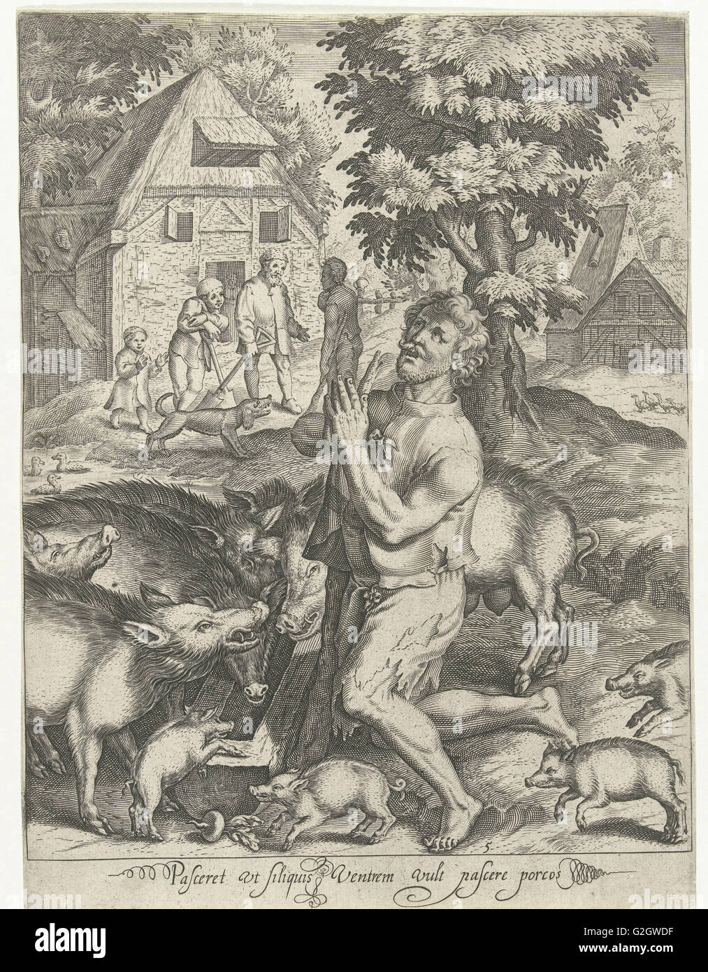 Prodigal son as a swineherd, Nicolaes de Bruyn, 1581 - 1656 Stock Photo ...