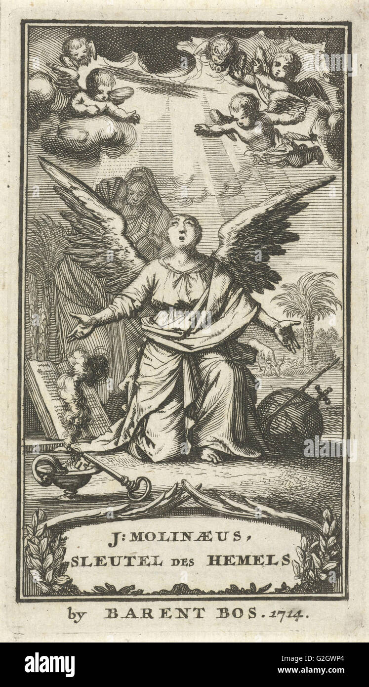Angel praying with outstretched arms to God, Jan Luyken, Barent Bos ...