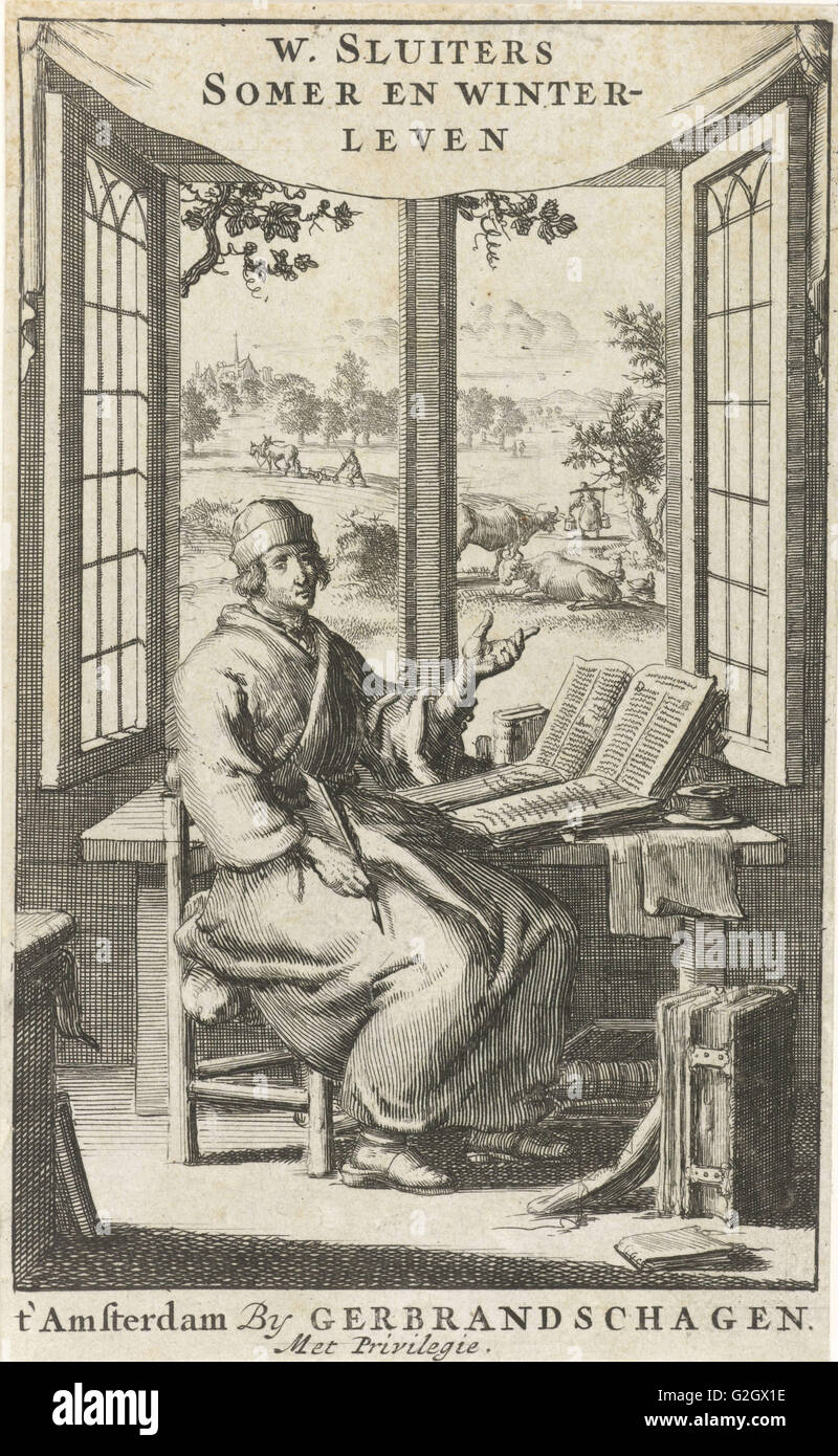 The writer Willem Sluiter at his desk with an open window, print maker ...