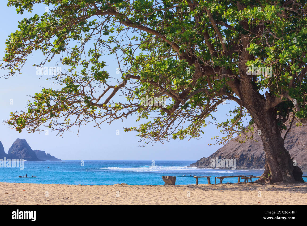 Tranquil scene on best desert beach with white sand on ocean bay Mawun ...