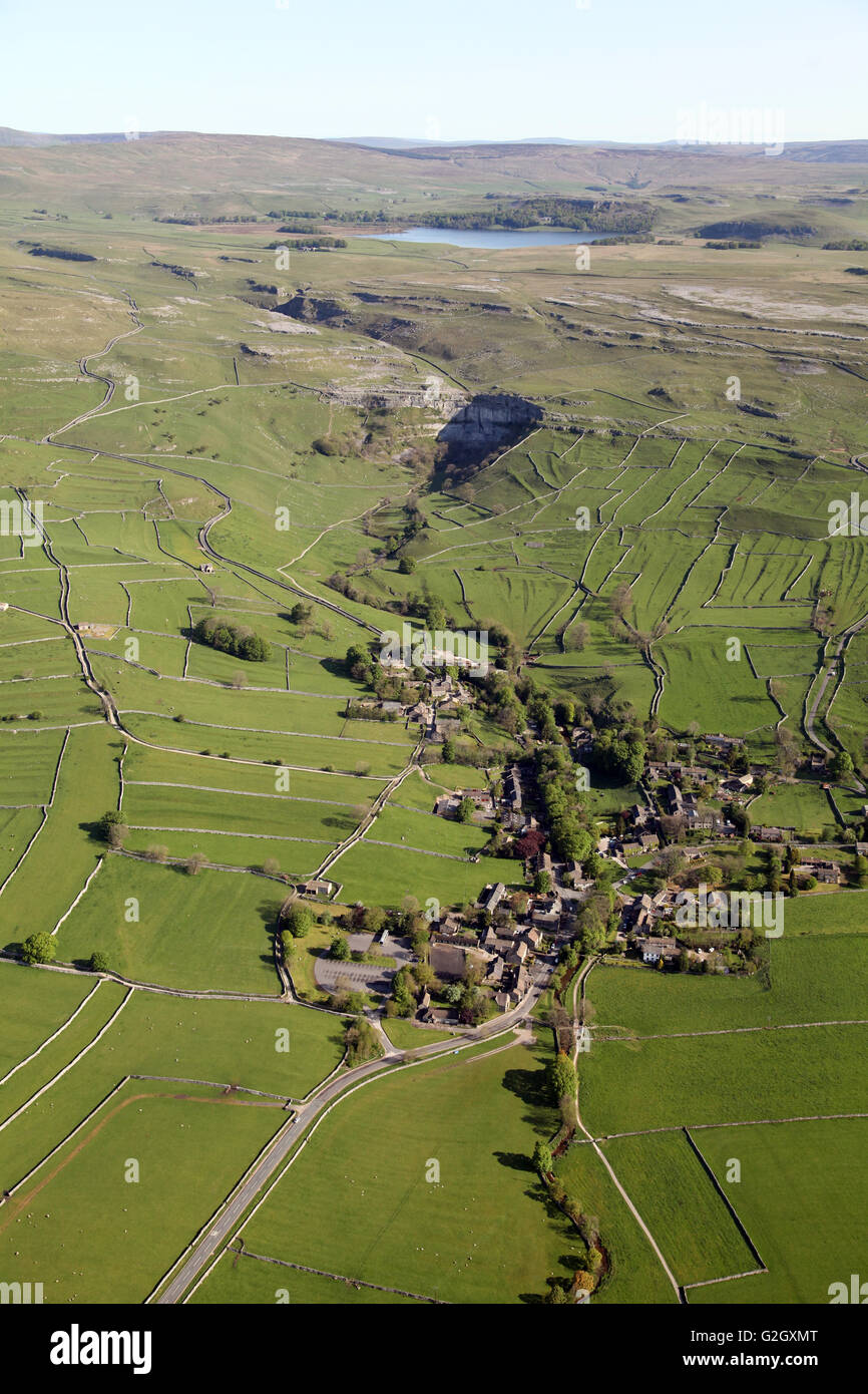 aerial view of Malham village, Malham Cove & Tarn, Yorkshire, UK Stock ...