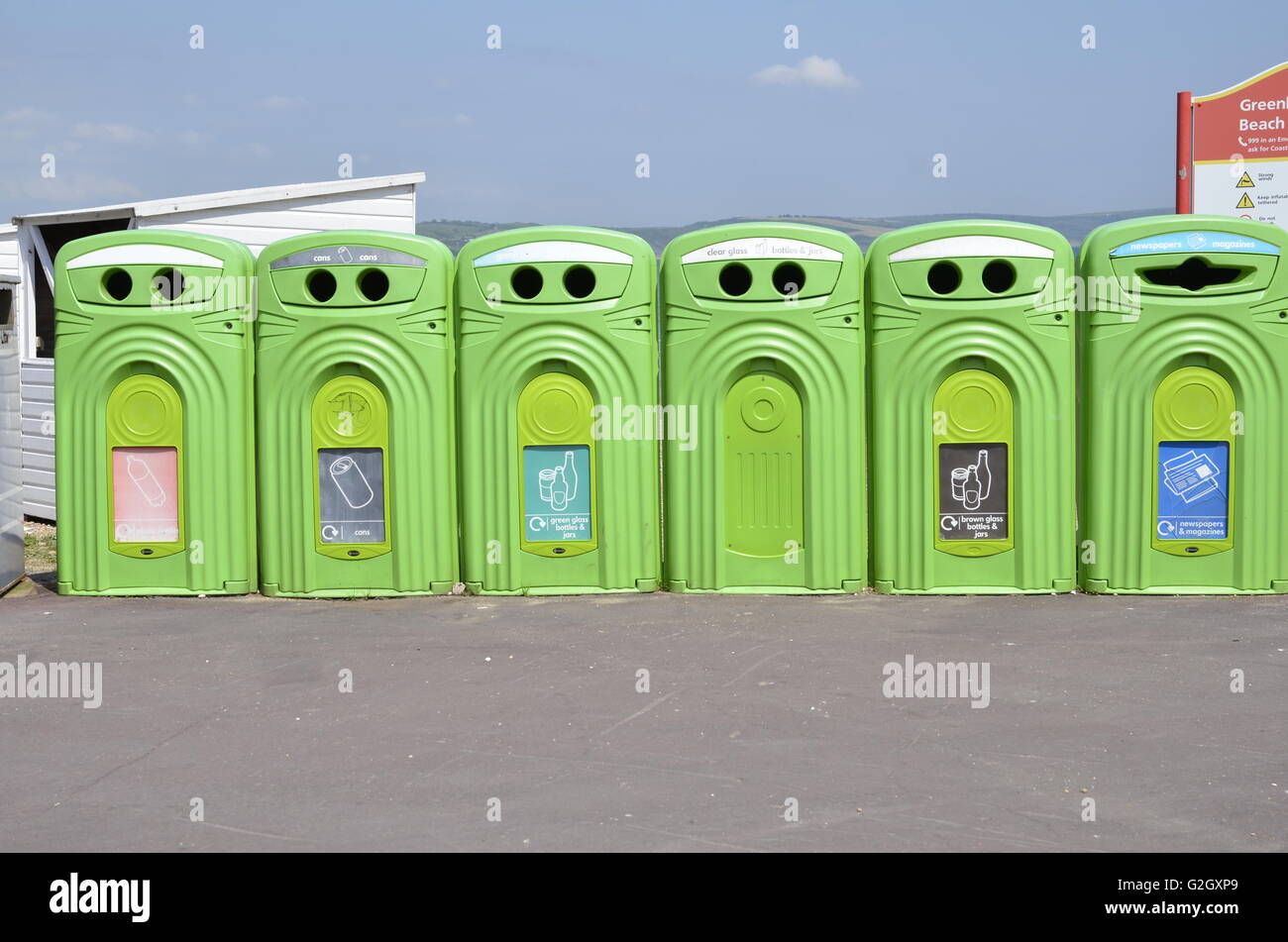 Recycling bins on the seafront in Weymouth, Dorset Stock Photo - Alamy