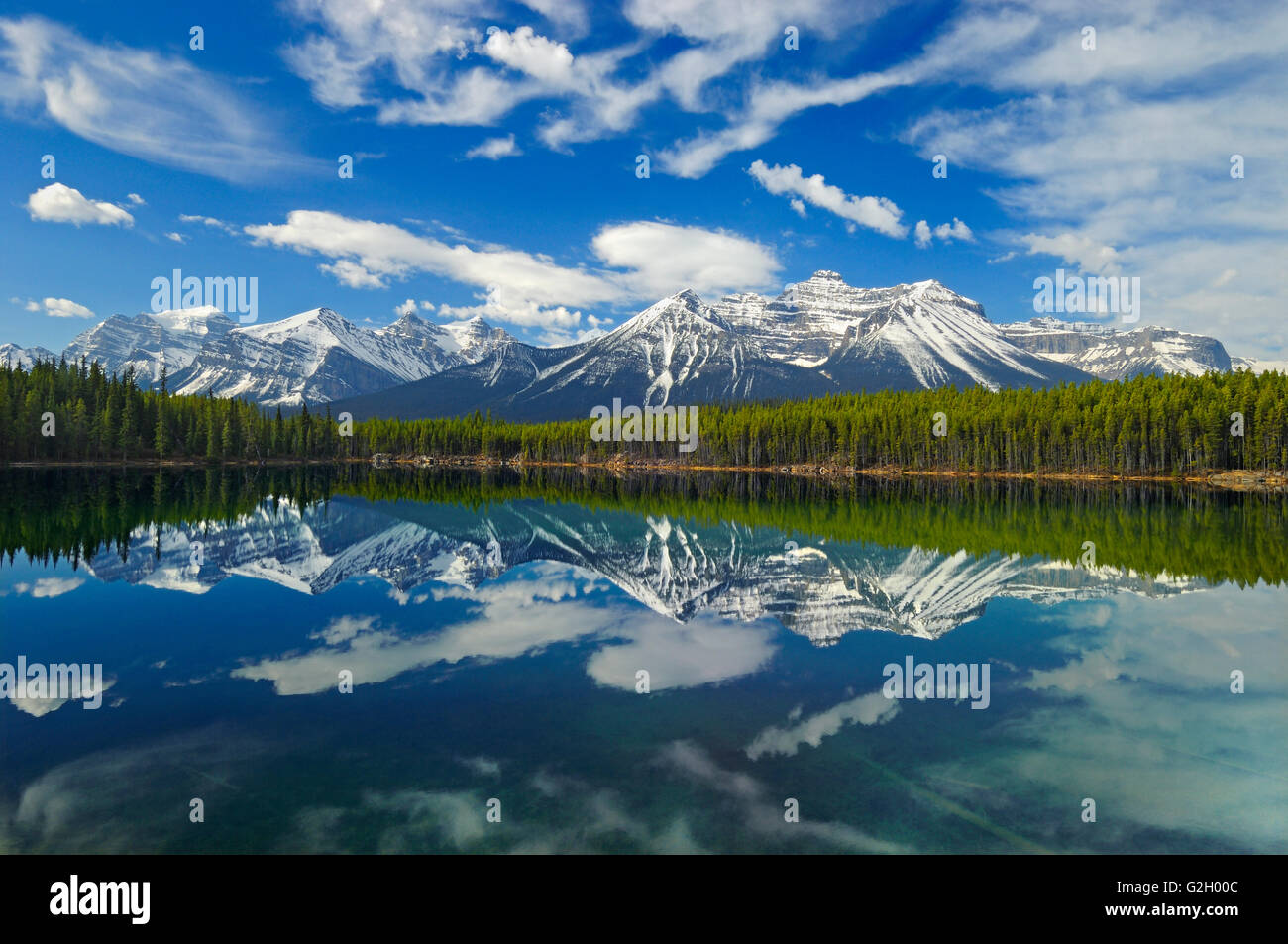Herbert Lake reflection and Rocky Mountains Banff National Park Alberta ...