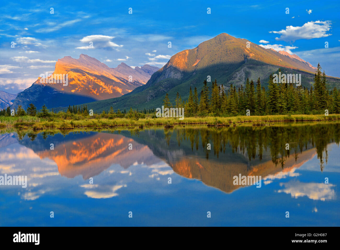 Mt. Rundle and Sulfur Mountain reflected in Vermillion Lakes Banff ...