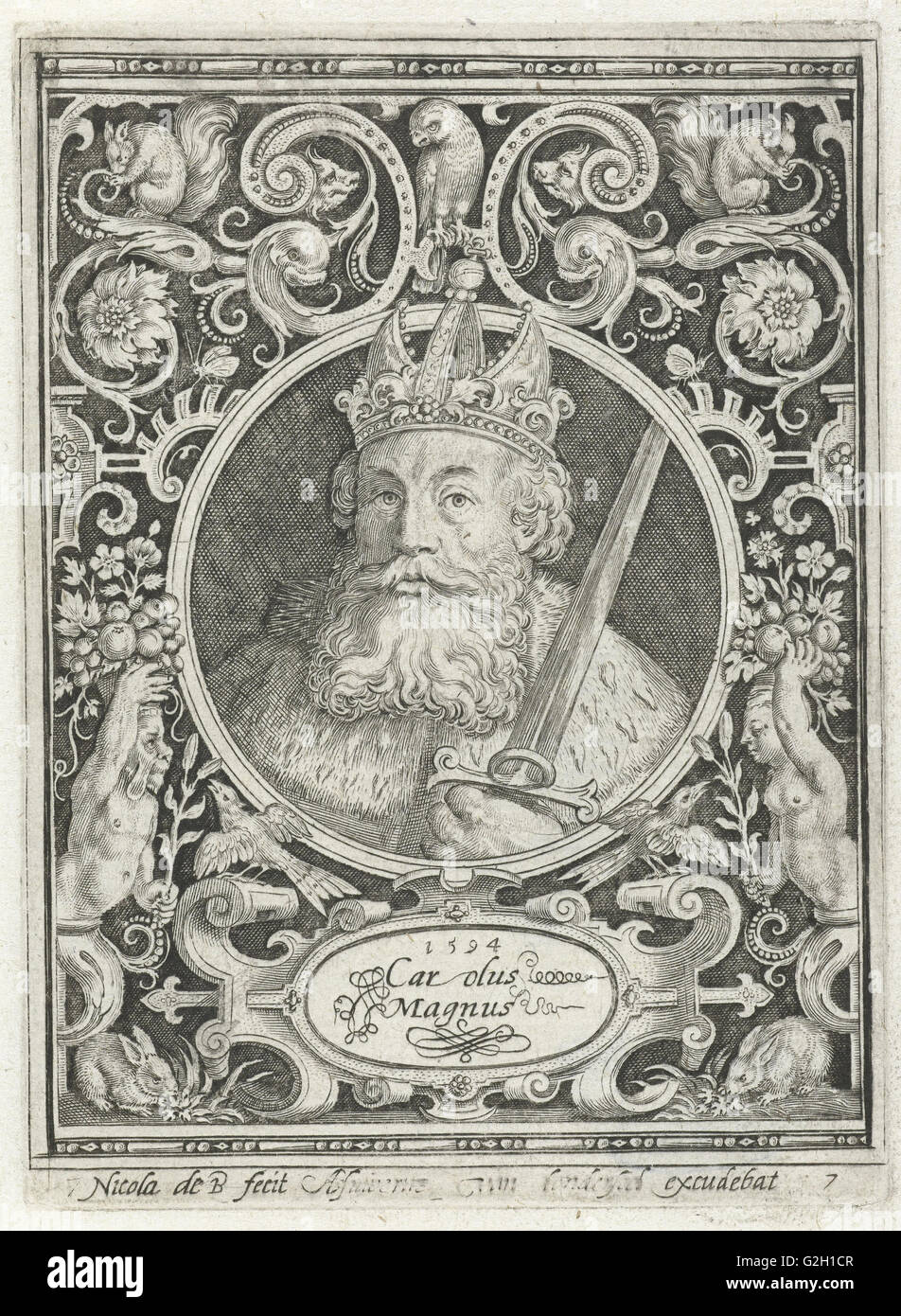 Portrait of Charlemagne in medallion inside rectangular frame with ...