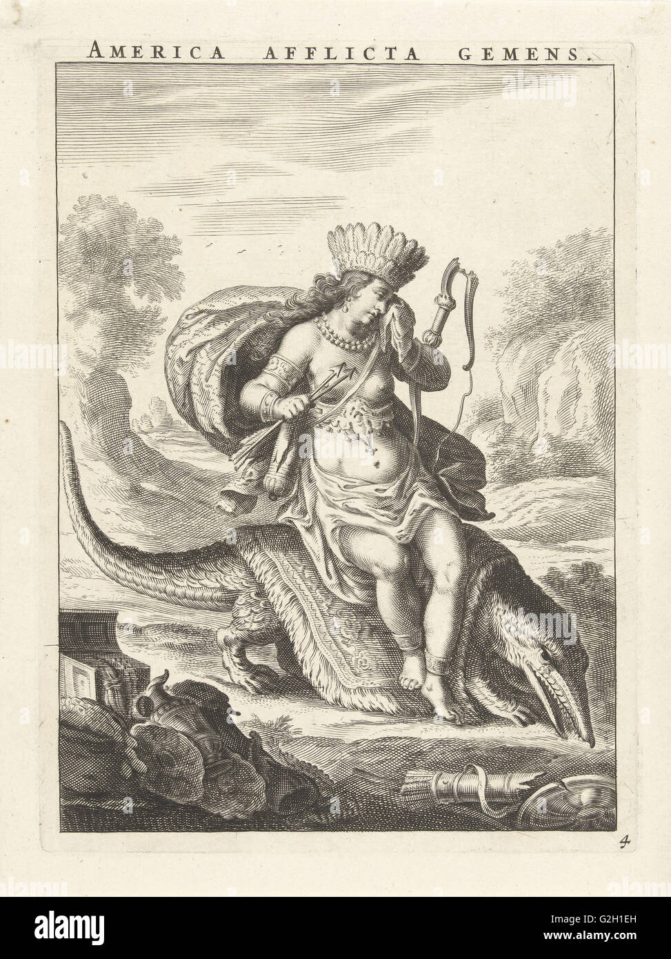 Female personification of America as a woman with headdress of feathers ...