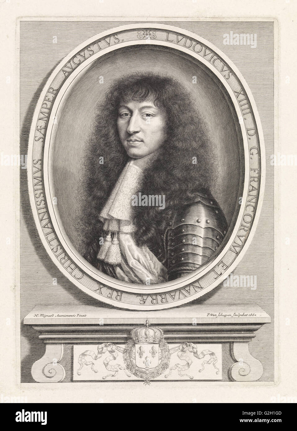 Portrait of Louis XIV, king of France, with lace collar with two ...