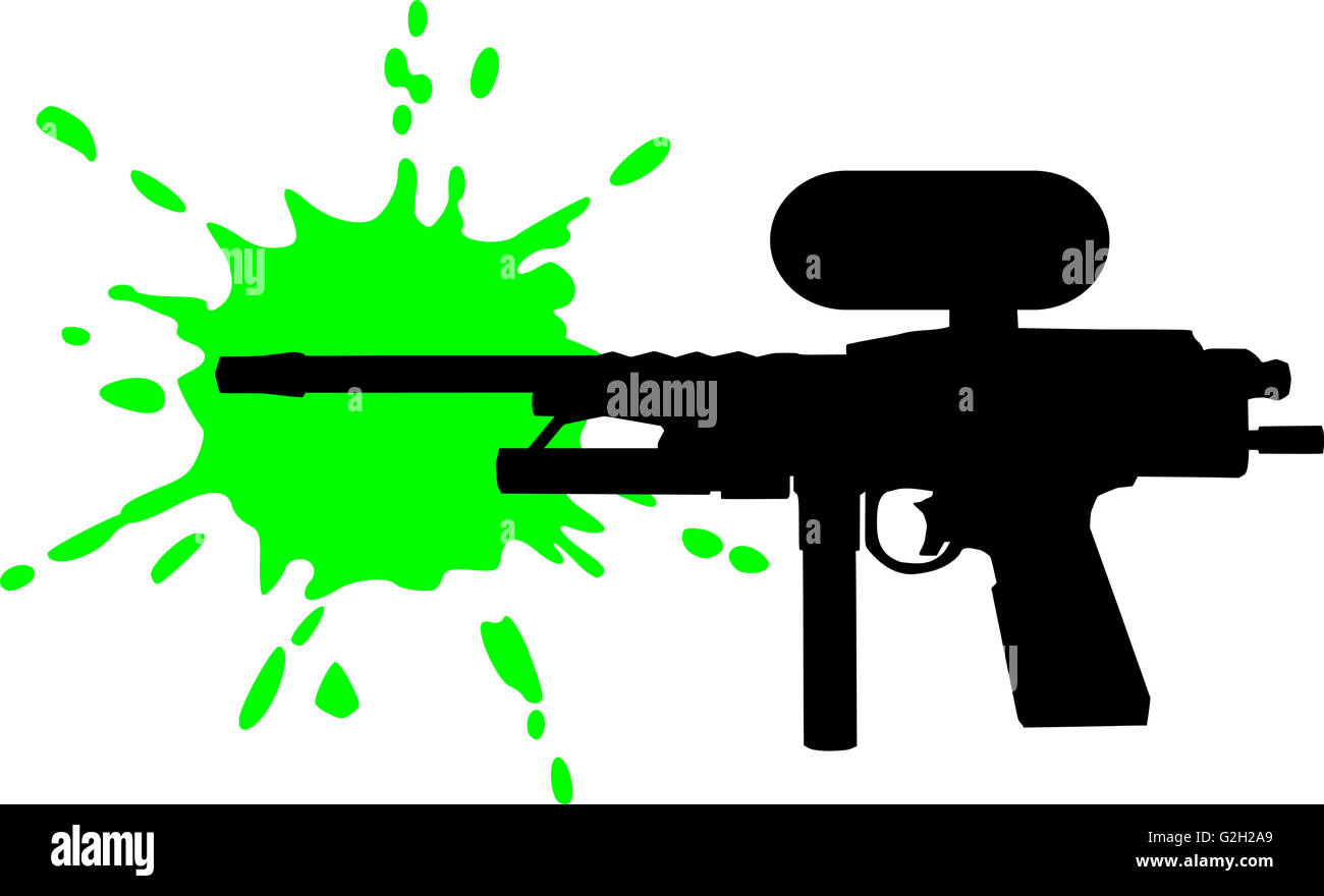 Paintball gun with green splash Stock Photo - Alamy