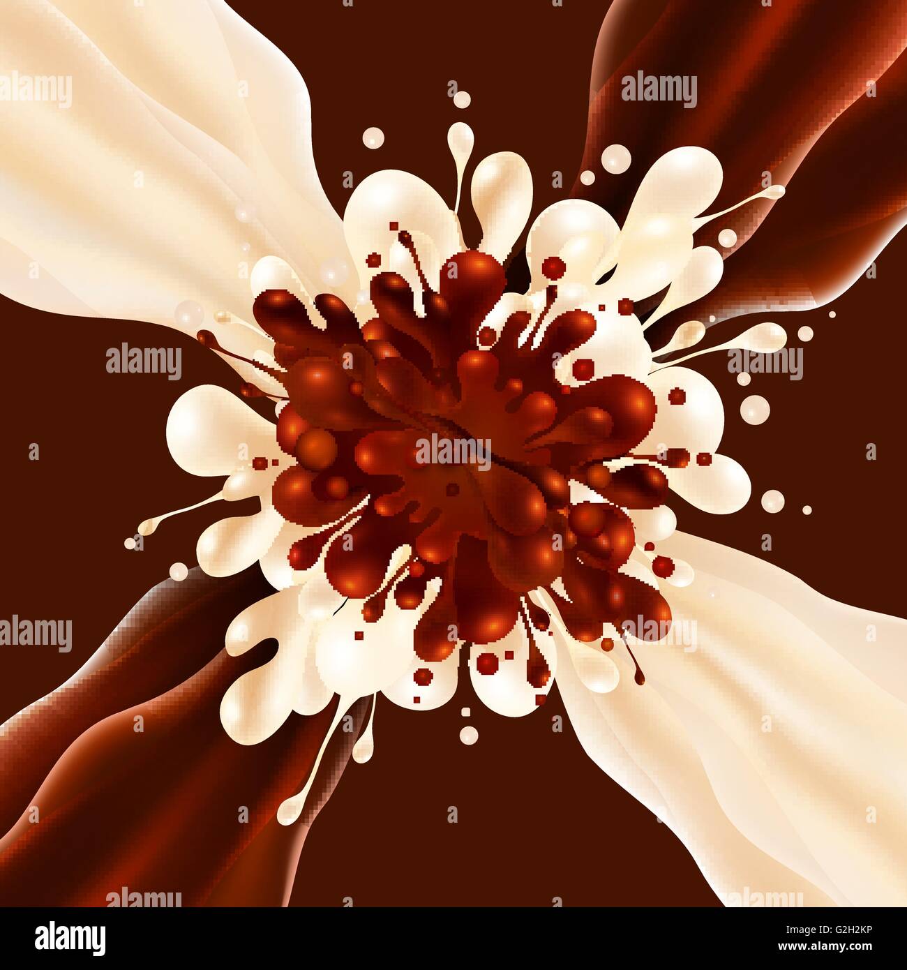 Milk and chocolate flows with round drops splash on brown background ...