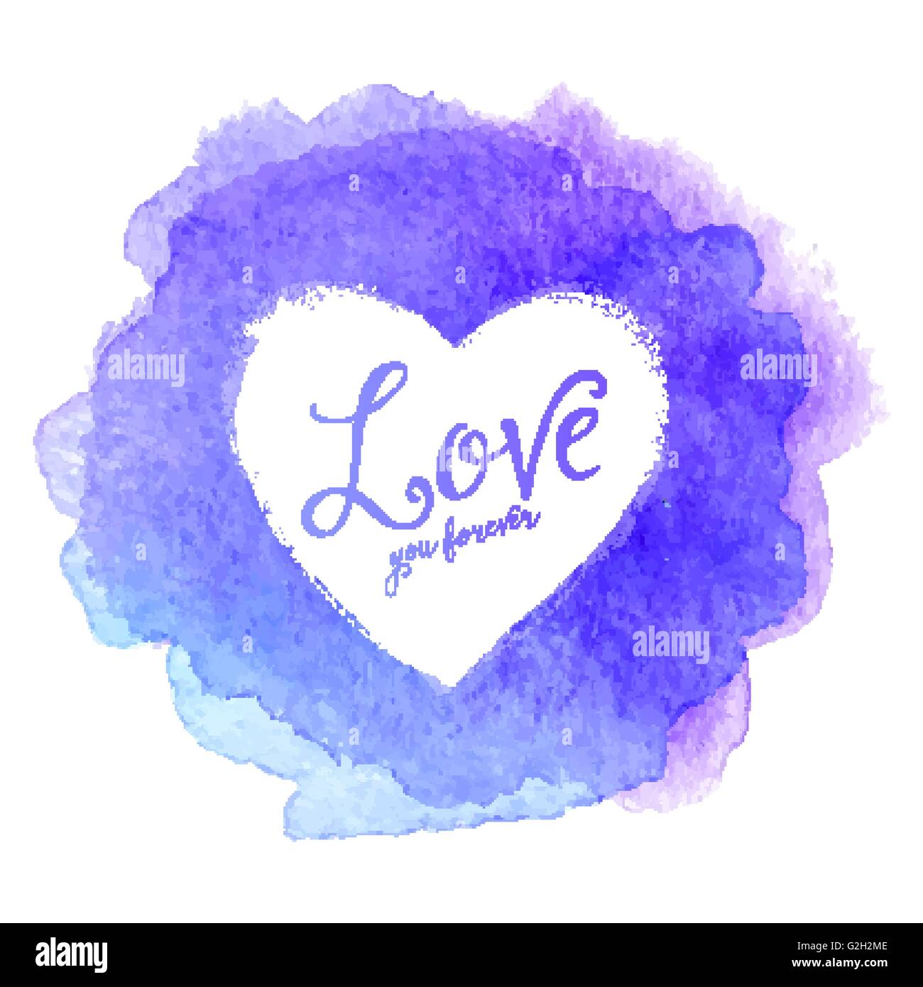 Blue watercolor painted stain with heart inside, vector frame and sign ...