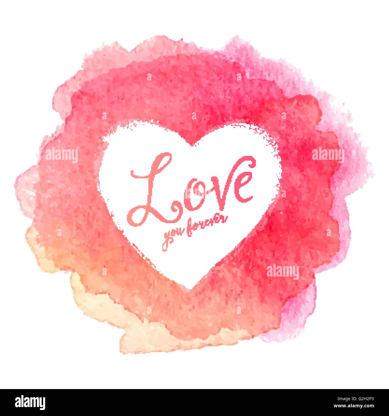 Pink watercolor painted stain with heart shape vector frame and sign ...
