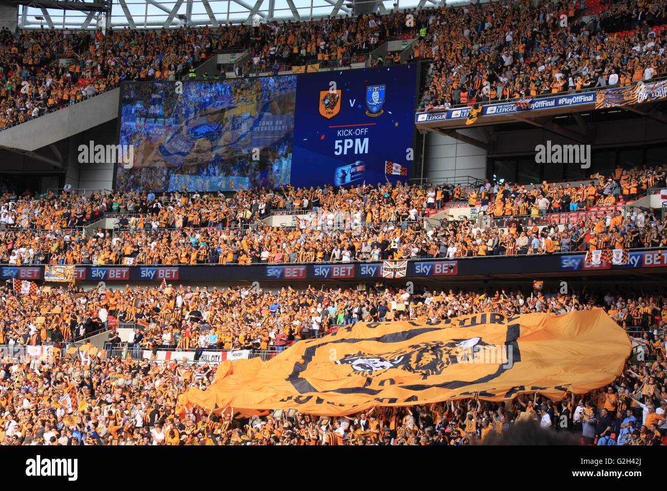 Huge Hull City flag in the crowd at Wembley stadium, London, with ...