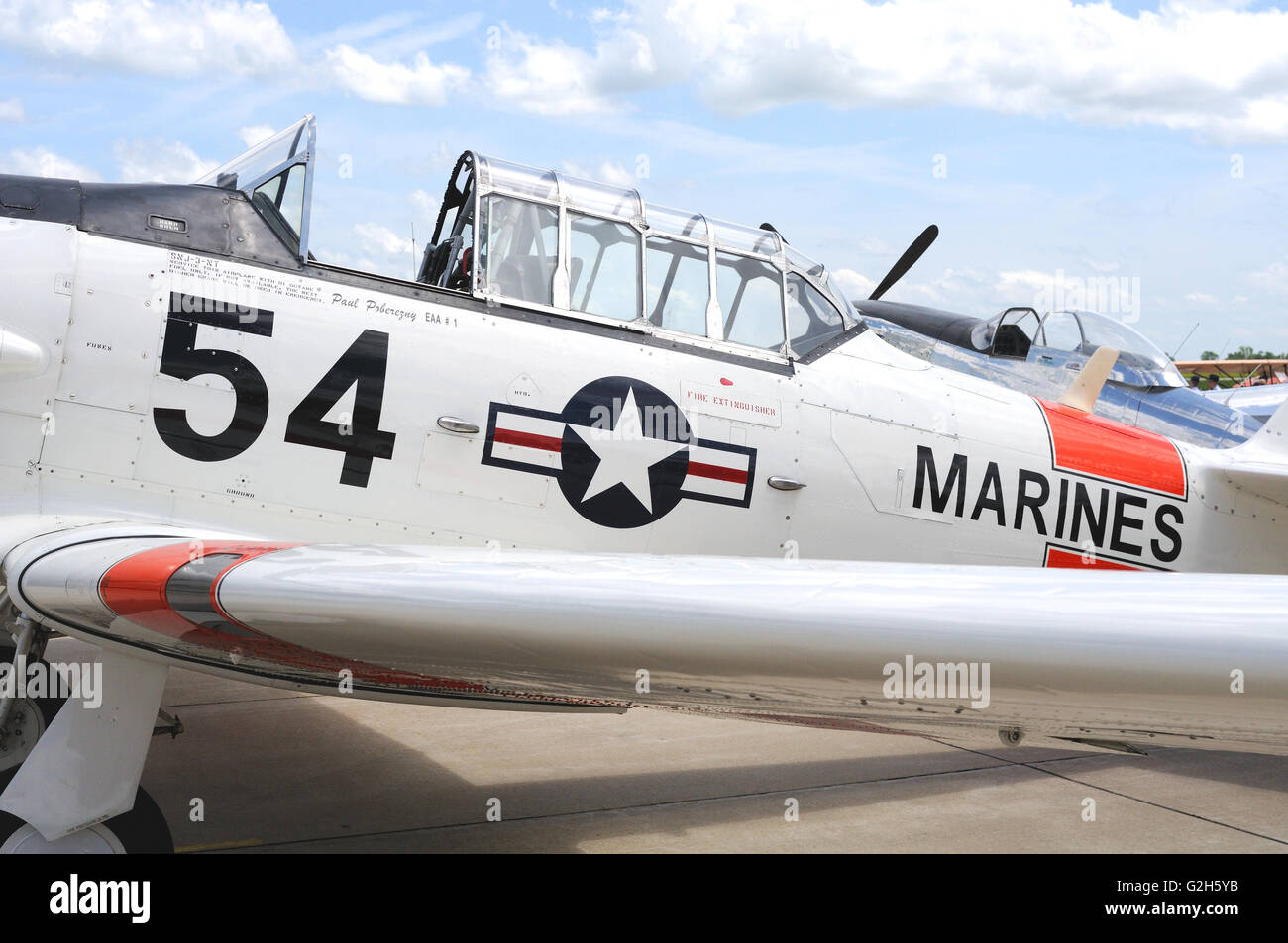A former US Marines T-6 Texan training aircraft on display at an ...