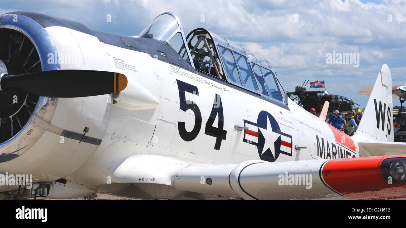 A former US Marines T-6 Texan training aircraft on display at an ...