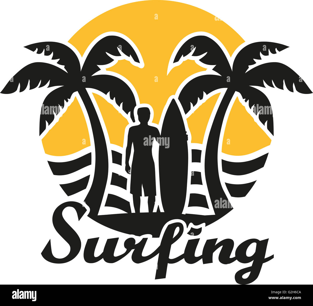 Surfing emblem - sunset and palms with surfer Stock Photo - Alamy