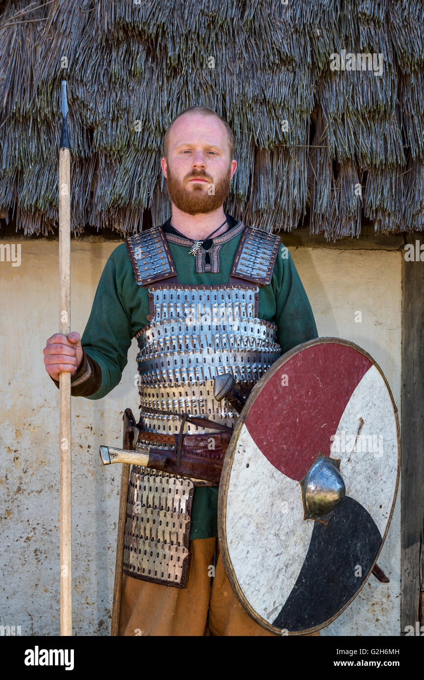 A close-up of a viking with shield and spear, Ribe, Denmark Stock Photo ...