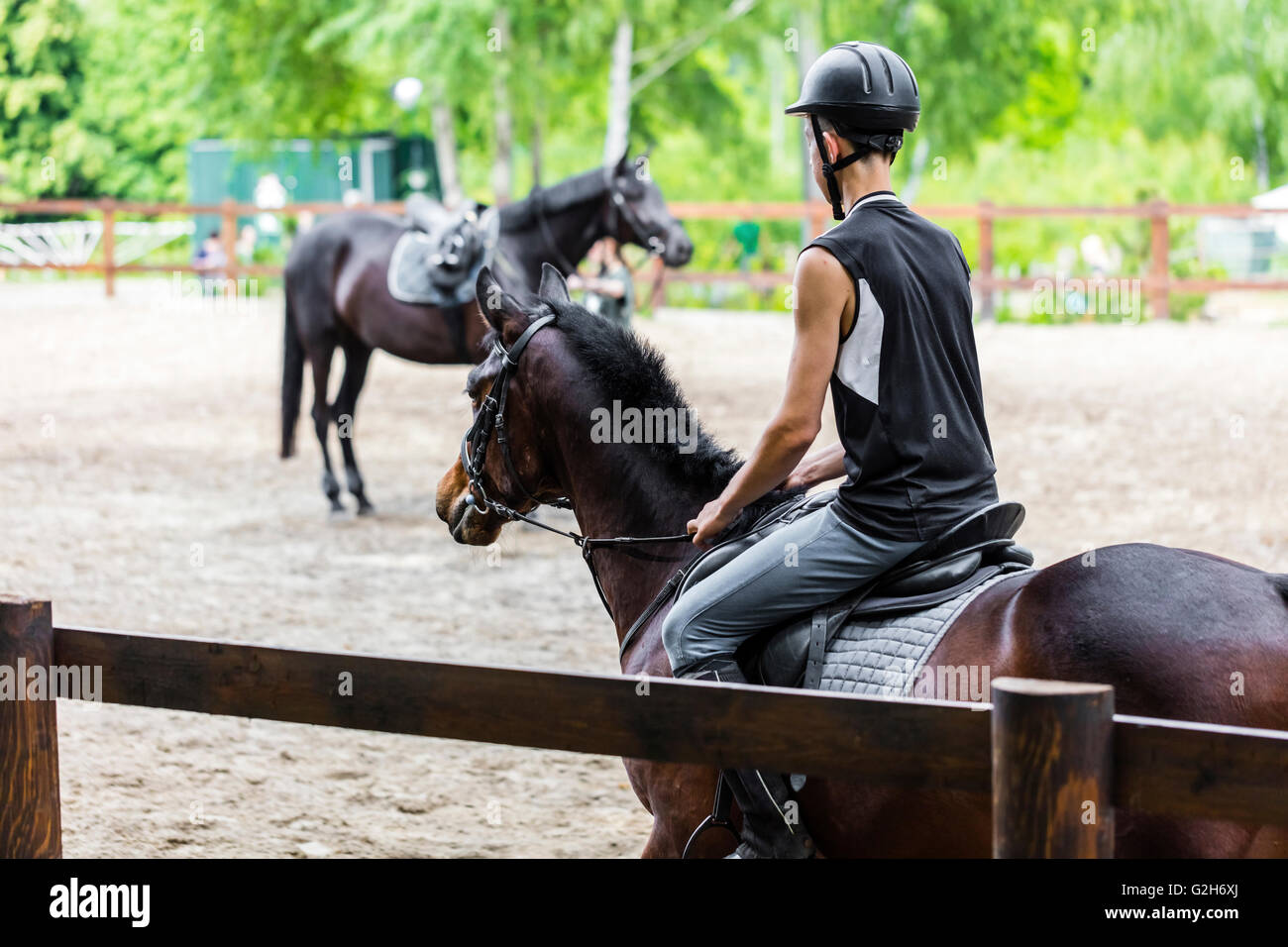 male athlete rides on horse, exercise outdoors Stock Photo - Alamy