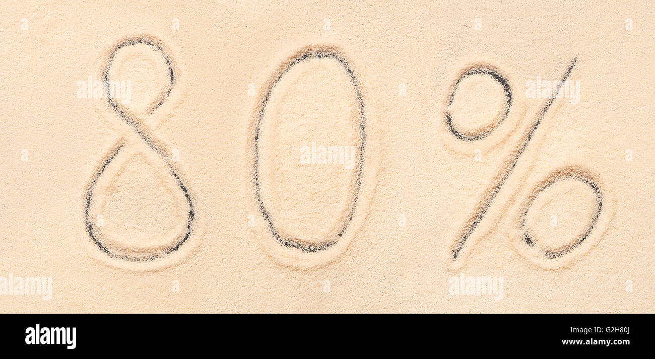 80 % lettering written on sand. Summer beach background Stock Photo - Alamy