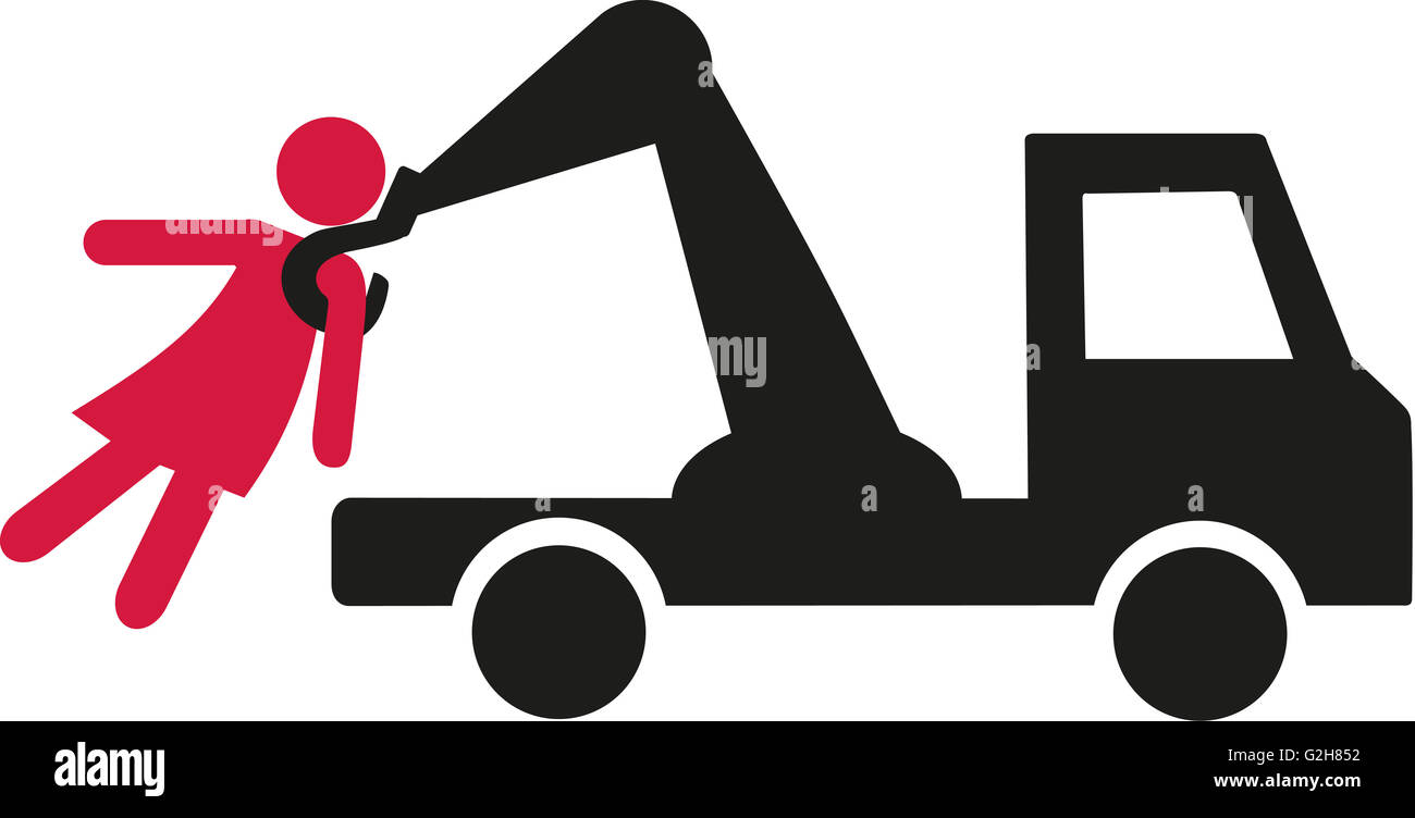Getting a woman with a towing vehicle pictogram Stock Photo - Alamy