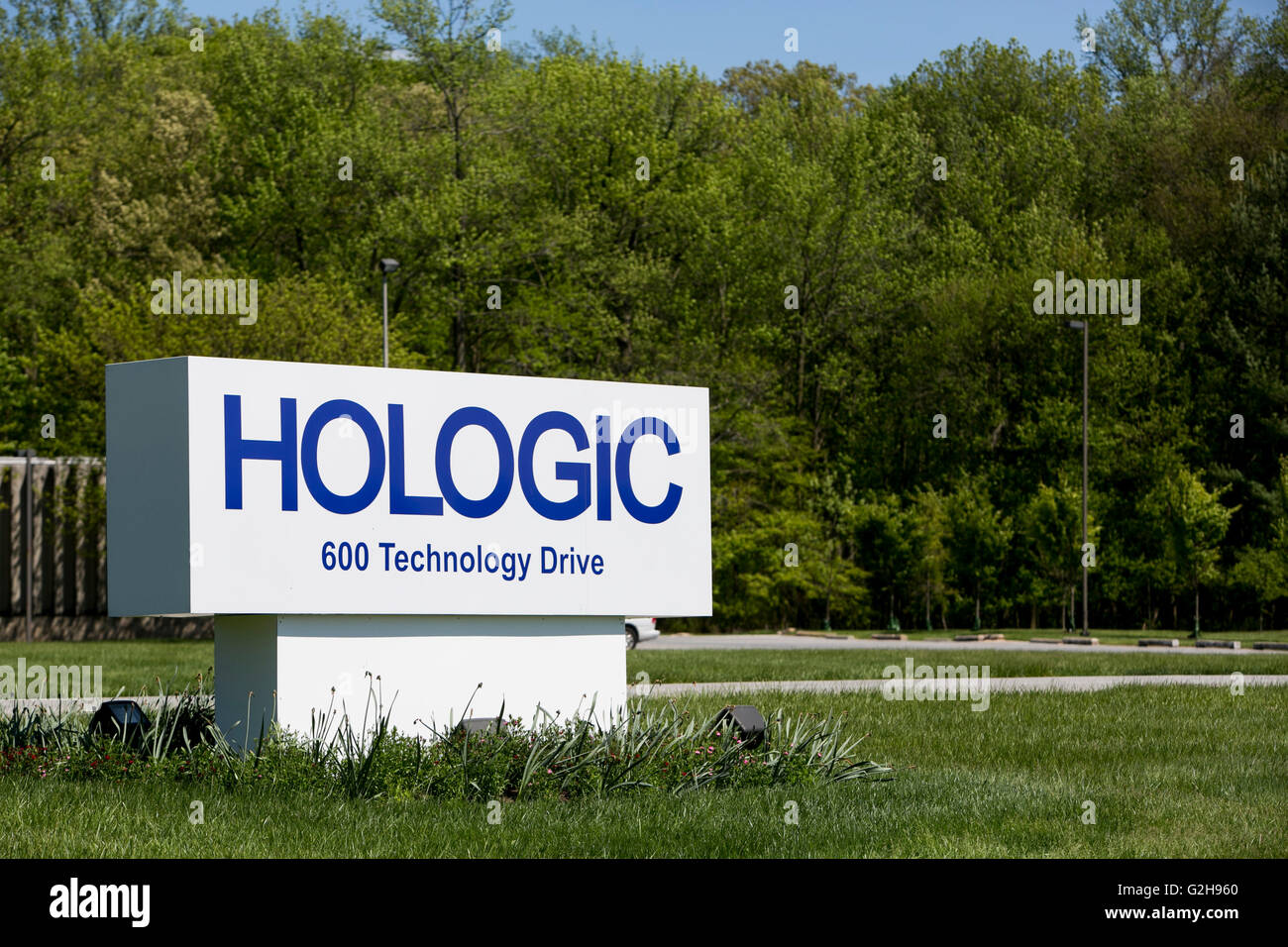 A logo sign outside of a facility occupied by the Hologic Corporation ...
